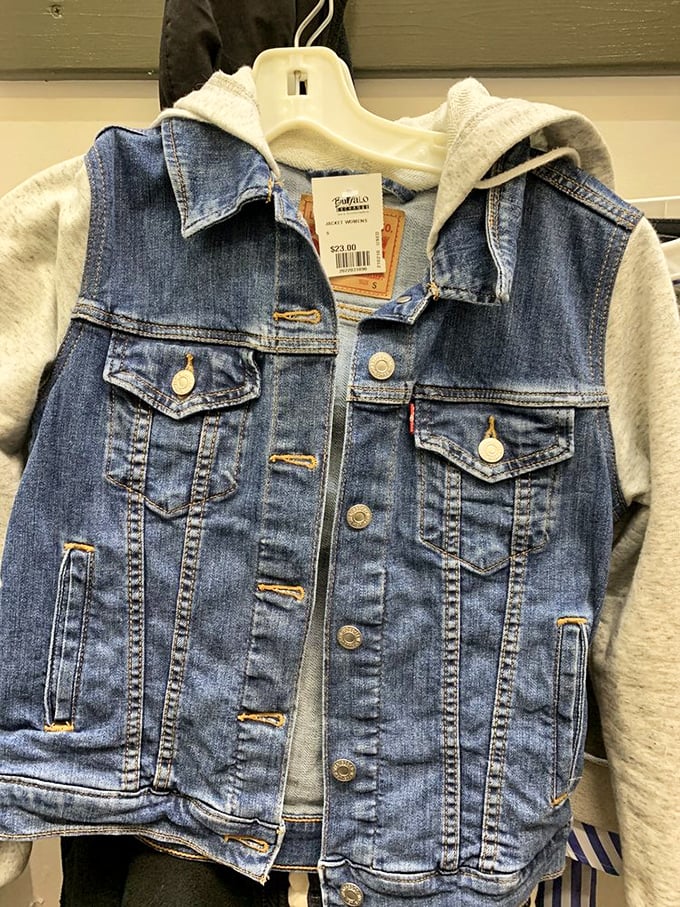 Denim jacket with hoodie sleeves: the San Francisco uniform that acknowledges summer fog and fashion sense simultaneously.