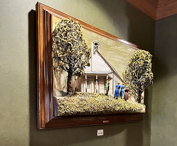 Not just art—it's a three-dimensional story captured in wood and miniatures. This rural scene brings Pennsylvania's pastoral charm to your living room wall.