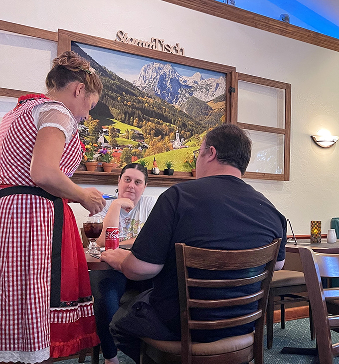 Traditional dirndl-clad service brings old-world charm to your table—no passport required for this European dining experience.