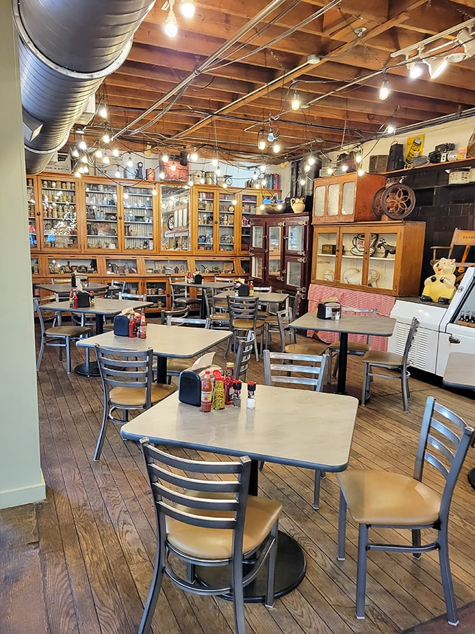 Vintage cabinets and wooden floors create dining spaces that feel more like your favorite aunt's kitchen than a restaurant.