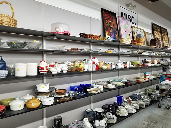 The dishware section resembles a museum of American dining history—from grandma's china to those blue glass dessert bowls everyone had in the '90s.