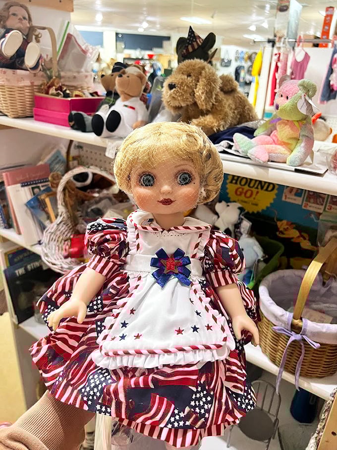 This patriotic doll's wide-eyed optimism feels like Norman Rockwell in three dimensions. Her stars-and-stripes dress is Americana incarnate, waiting for a collector's shelf.