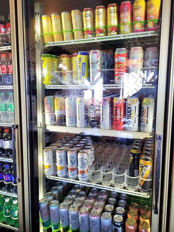 The drink cooler – where road trip refreshment meets seafood's perfect liquid companions. Choose wisely, my thirsty friends.
