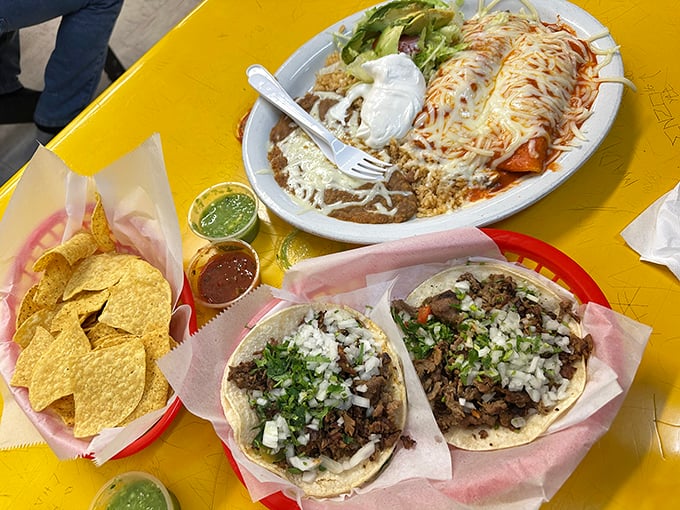 A spread worthy of a Mexican food enthusiast's dream – enchiladas, tacos, and chips creating the holy trinity of comfort food on one sunny yellow table.