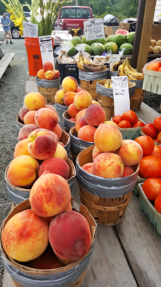 Summer's bounty displayed in rustic baskets – Pennsylvania peaches so perfect they make grocery store produce look like sad imitations.