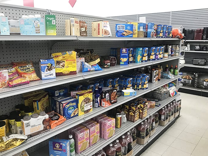 The food aisle—proof that even pantry staples can be thrifty. Those Quaker Oats might be the most sensible purchase in your entire cart.
