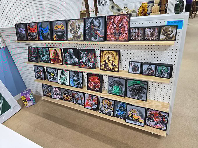 Superheroes and villains immortalized in framed art—where Spider-Man and Venom can finally share wall space without destroying the neighborhood.