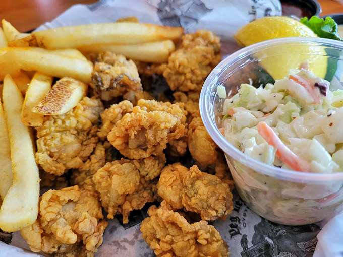 Fried oysters and french fries—the beach vacation power couple. That coleslaw adds a refreshing crunch to cut through the delicious richness.