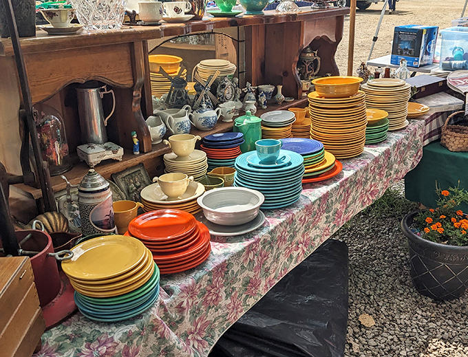 Fiestaware heaven! These rainbow-stacked dishes aren't just kitchenware—they're conversation pieces waiting to brighten someone's dinner table and memories.