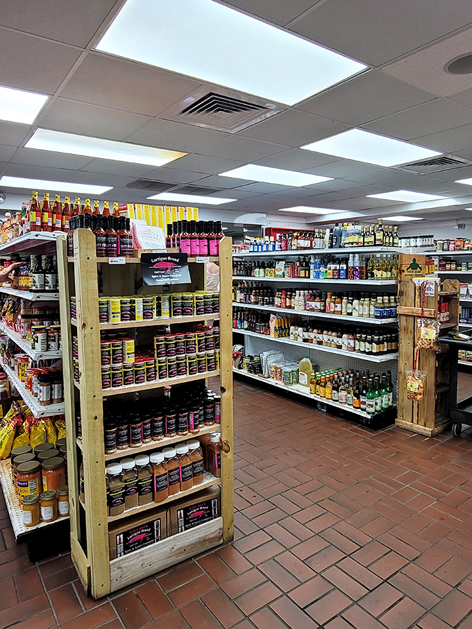 International ingredients line wooden shelves—because if you're going to cook amazing seafood, you deserve amazing accompaniments.