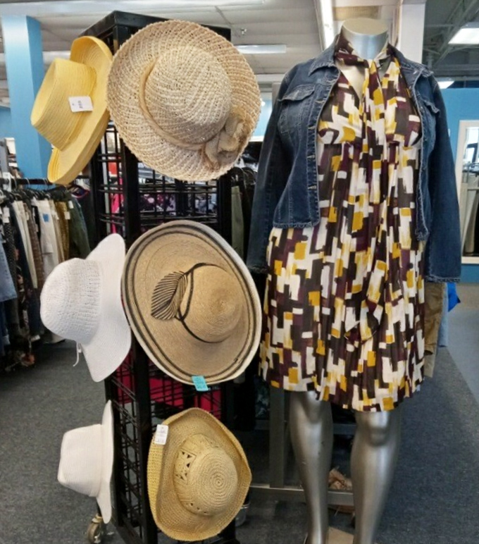 Summer-ready straw hats and a geometric dress create the perfect pairing—vacation vibes without the vacation-sized price tag.