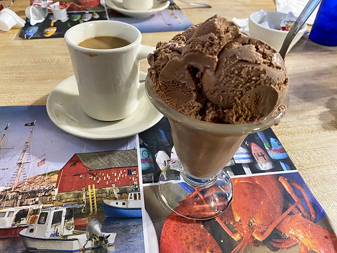 Coffee and chocolate ice cream—because even after the perfect crab cake, there's always room for a sweet finale.