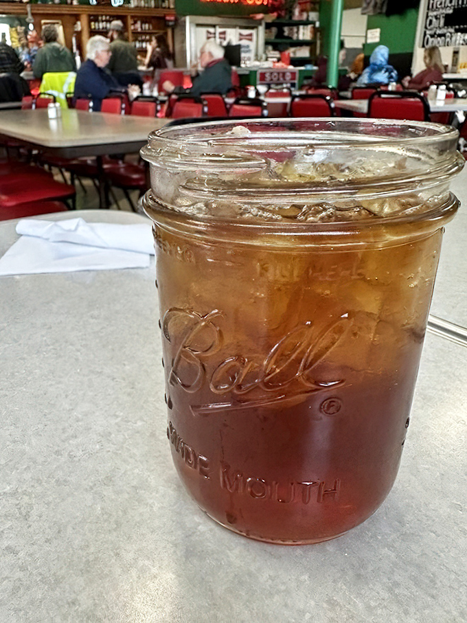 Sweet tea served in a Ball jar—because drinking from anything else would be downright un-American in these parts.