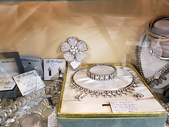 Vintage costume jewelry waiting to transform a modern outfit—because nothing says "conversation starter" like a brooch with more sparkle than your personality.