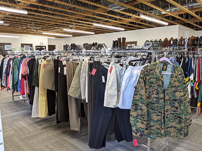 The men's clothing section offers military precision in its organization – those khakis and dress shirts await their second chapter.