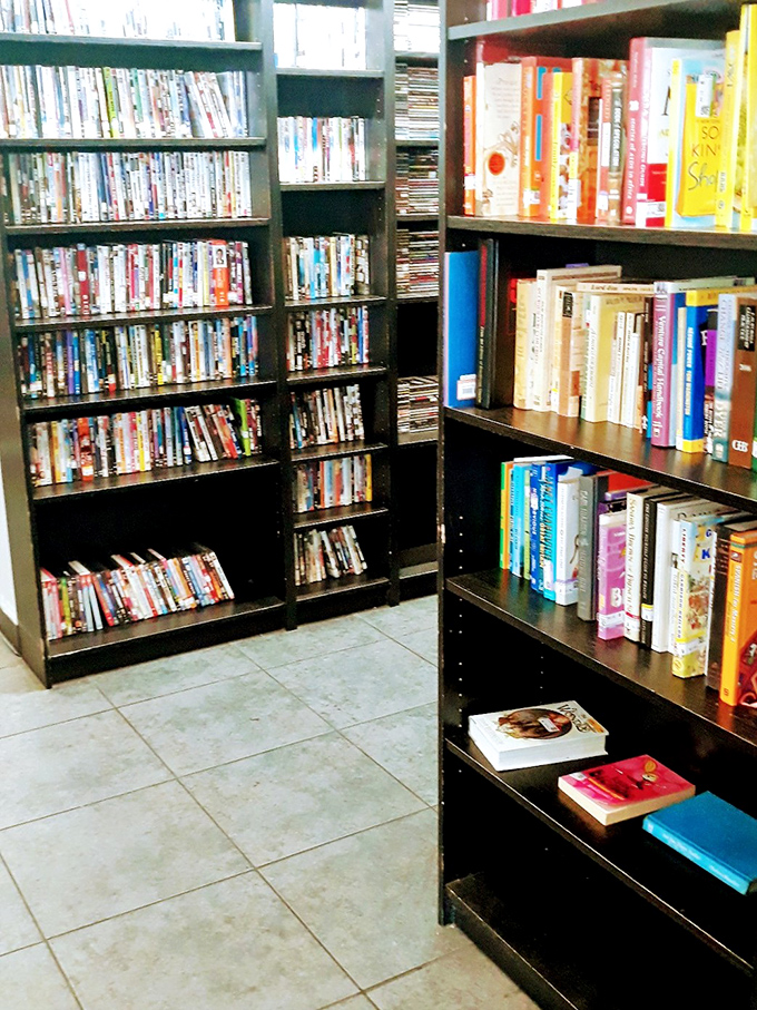 The media section—a time capsule of entertainment where forgotten bestsellers and DVD collections find new audiences in the streaming age.