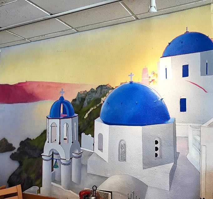 The Greek-inspired mural reminds you that behind every great diner is a cultural heritage that takes food seriously—very seriously.