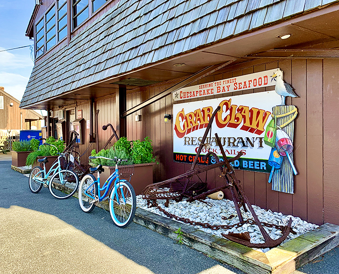 The entrance sign features a cartoon crab with attitude—like a friendly bouncer welcoming you to the best seafood party in town.