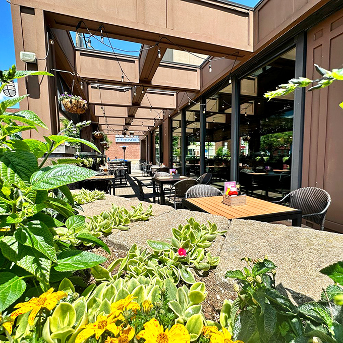 The patio at Flip Side: where summer in Ohio reaches its full potential with fresh air, good food, and flowering plants that frame your feast.