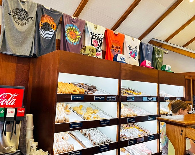 The donut display wall, where dreams are organized by flavor and indecision becomes the only real problem you'll face all day.