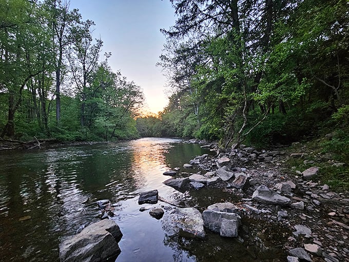 Swatara Creek's gentle current reflects sunset hues while rocks stand sentinel—nature's version of front-row seating to the greatest show on earth.