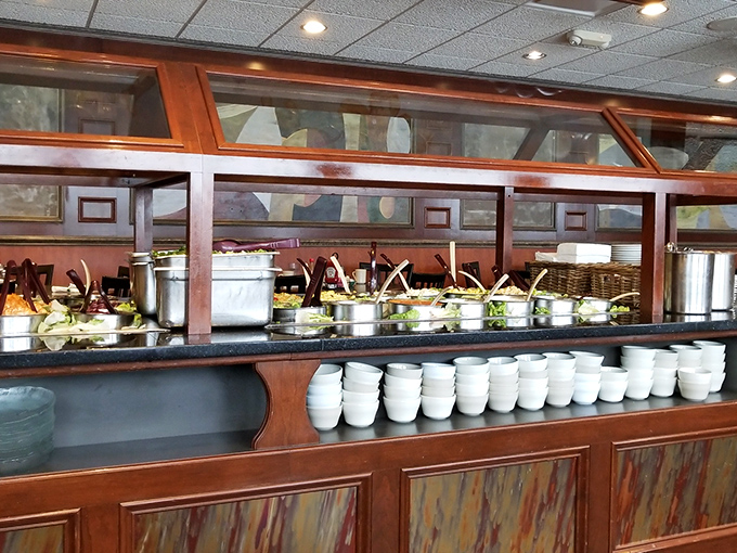 A salad bar that means business. Fresh ingredients await your creative combinations, proving Pennsylvania diners understand the importance of vegetables too.