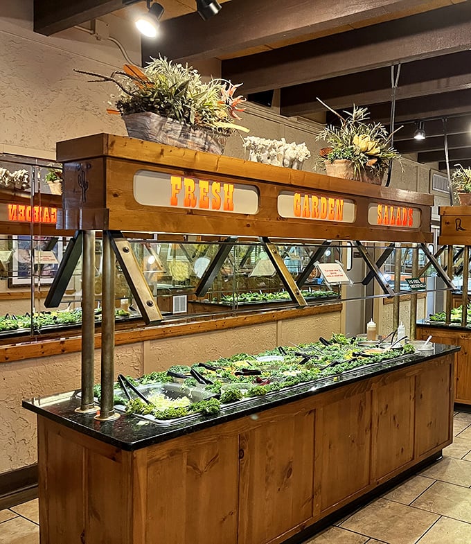 Fresh garden salads prove that healthy options can coexist beautifully with indulgent comfort food choices.