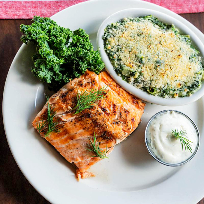 Salmon that's clearly never heard of "fishy taste"—perfectly seared with creamed spinach that would make Popeye weep with joy.