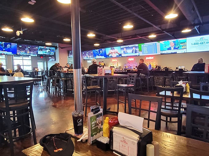 The dining area has that perfect sports bar energy—casual enough for wings, nice enough for a first date that's going really well.
