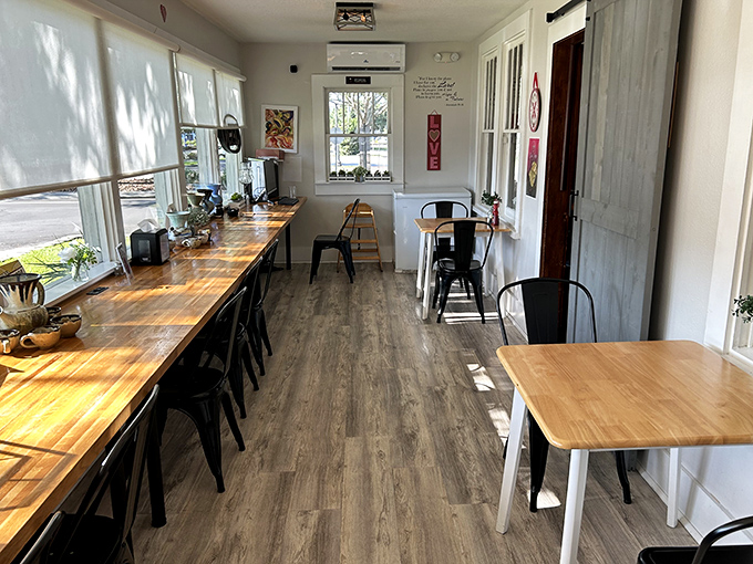 Sunlight streams through windows onto butcher-block counters, creating the perfect spot to contemplate life's big questions—like whether to order a second coffee.