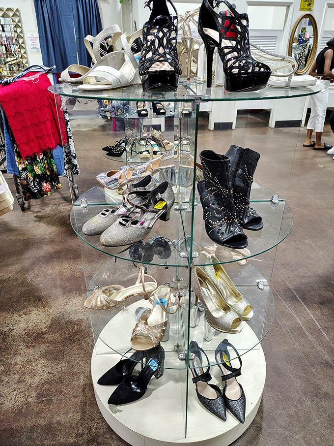 The glass shoe display – where Cinderella would shop if the palace budget got tight. Fancy footwear awaits!