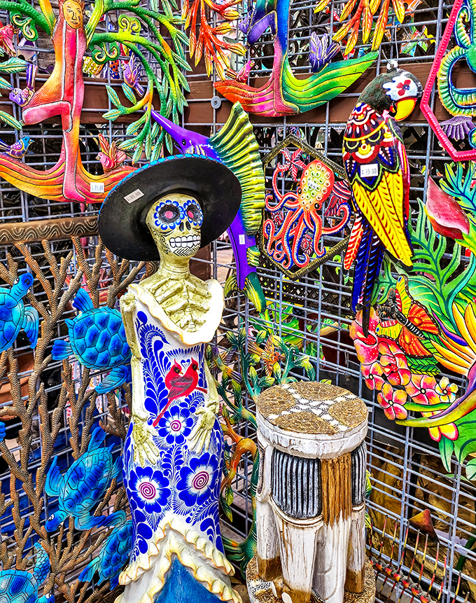 This elegantly dressed skeleton figure celebrates Día de los Muertos with vibrant colors that remind us beauty exists even beyond life itself.