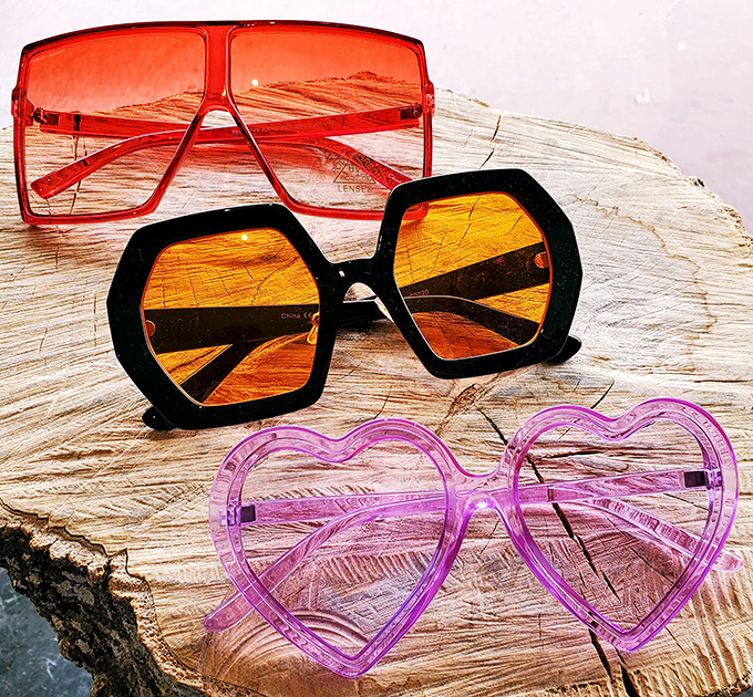 Retro eyewear that transforms ordinary faces into fashion statements—choose your character: disco queen, 70s film star, or heart-eyed romantic.