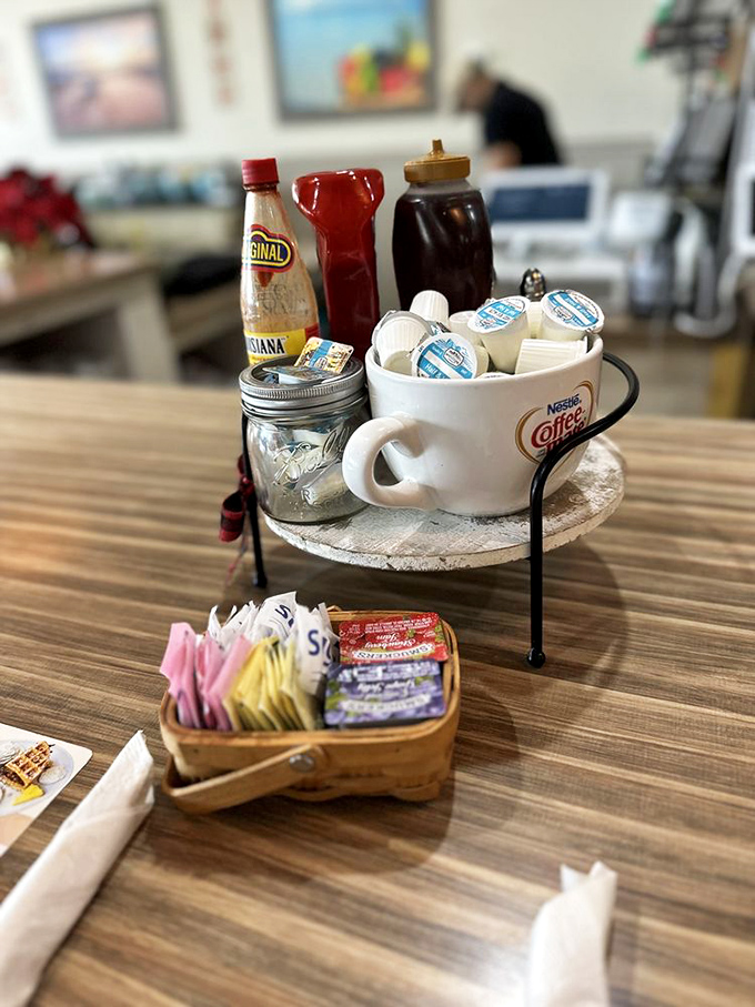 The condiment caddy – breakfast's unsung hero, where Louisiana hot sauce meets maple syrup in a delicious democracy of flavor enhancement.