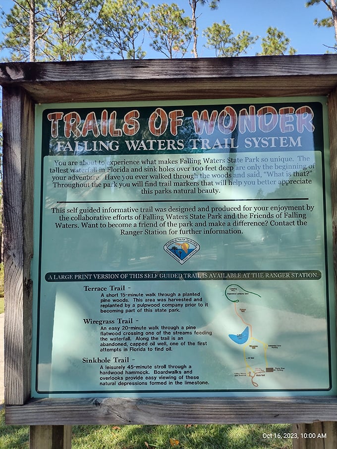 "Trails of Wonder" indeed! This sign promises sinkholes, waterfalls, and that most precious Florida commodity—genuine natural shade.