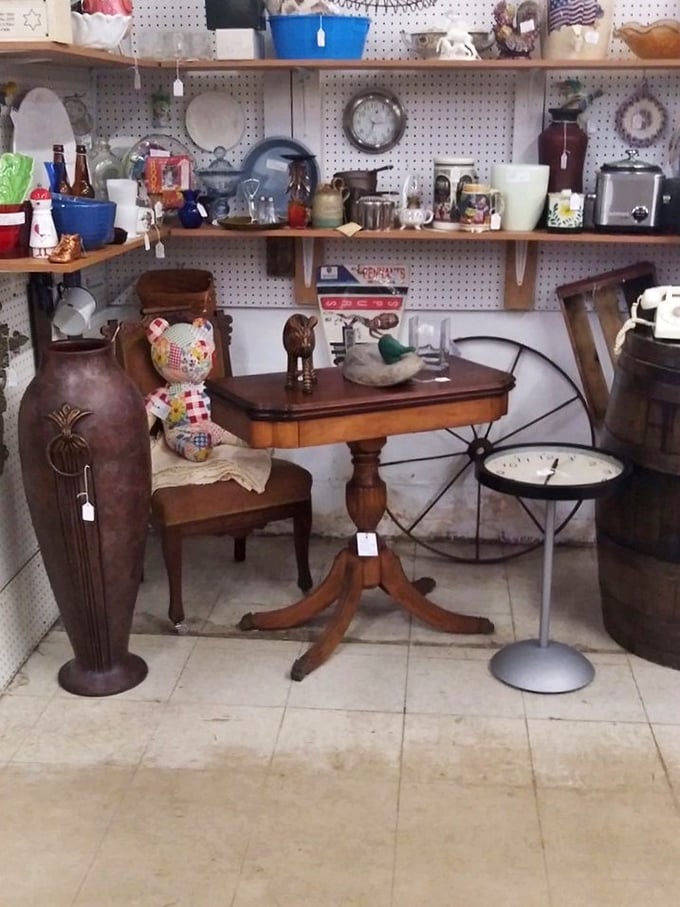 The perfect vignette of Americana—where a stuffed bear, vintage table, and random kitchenware create an accidental still life worthy of a Norman Rockwell painting.