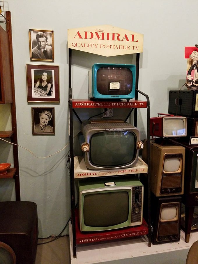 The evolution of television displayed like prehistoric creatures in a natural history museum—from bulky wooden cabinets to space-age portable designs.