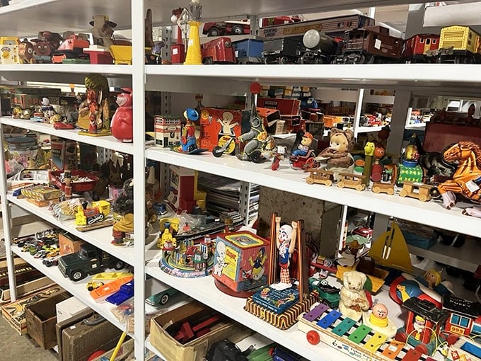 Childhood memories line these shelves. Before batteries and screens, these toys sparked imagination through simple, tactile joy.