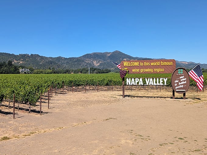 The Napa Valley welcome sign stands sentinel at the gateway to wine paradise. It's basically the pearly gates for oenophiles.