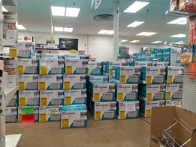 The air conditioner wall – where summer salvation comes boxed, discounted, and ready to rescue you from Pennsylvania's humidity.