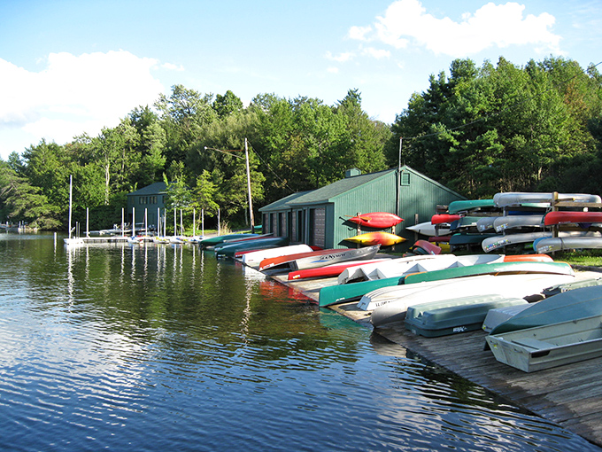 Eagles Mere's lakeside boathouse holds colorful kayaks ready for adventure on waters so clear they deserve their own Instagram account.
