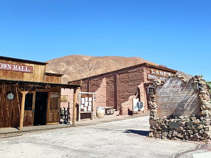 The Town Hall and Lane's General Merchandise stand as dusty sentinels to Calico's boom-and-bust mining history.