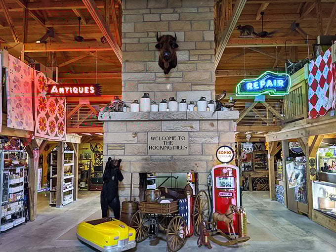 Stone fireplace and mounted trophies create the perfect backdrop for this uniquely Ohio shopping experience in scenic Hocking Hills.