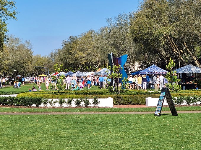 The farmers market brings together locals and visitors who all speak the universal language of fresh tomatoes.