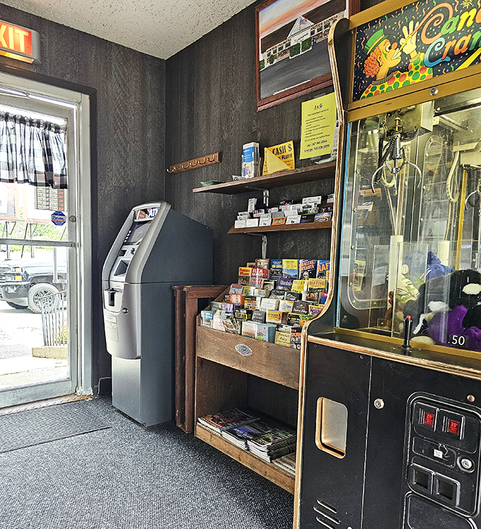 The entrance area—complete with ATM and candy machines—because sometimes you need cash for pie and a post-meal gumball.