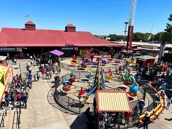 The amusement area offers a perfect bargaining chip for parents: "Three more vendor aisles and then we'll hit the rides."