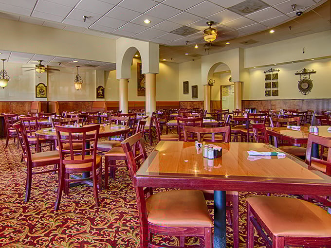 The dining room that could tell a thousand stories if those columns could talk. This isn't just eating out – it's communal Florida dining at its finest.