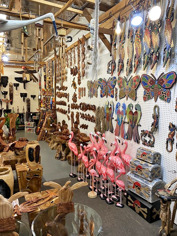 Wooden flamingos stand at attention alongside hand-carved treasures. Florida kitsch meets genuine craftsmanship in this artisan's paradise.
