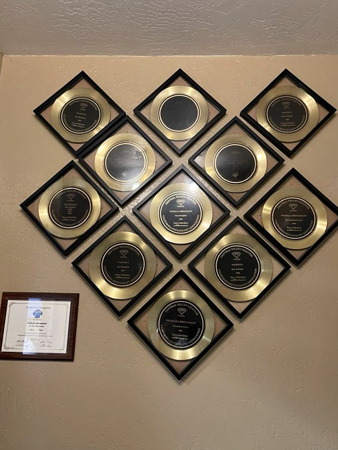 Wall of fame: These awards aren't just decorations—they're badges of honor in the competitive sport of breakfast perfection.