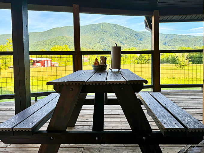 Mountain views from the porch offer nature's perfect digestif—breathtaking scenery that somehow makes everything taste even better.